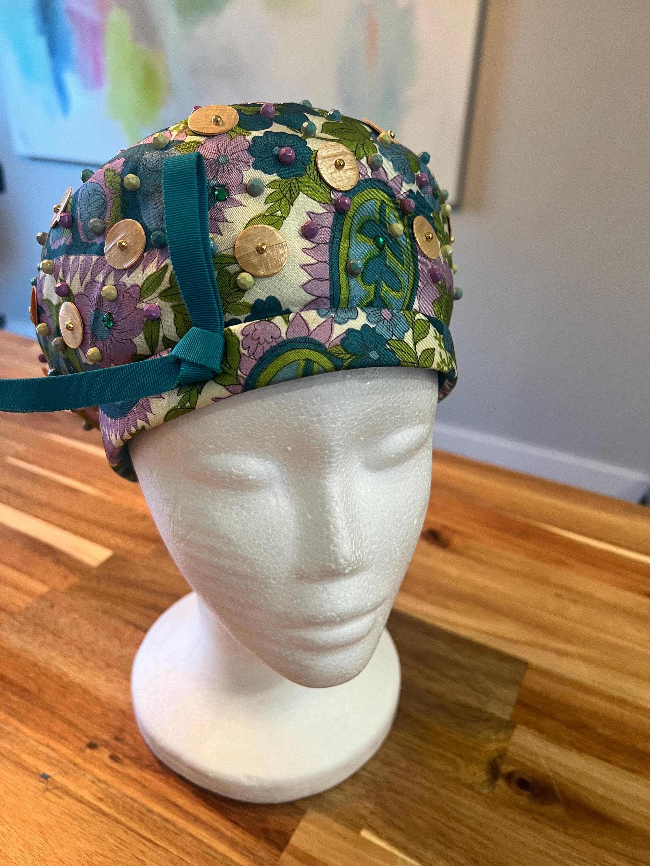 Maggi Alexander Design Teal Blue & Lavender Floral Jeweled Church Derby ...