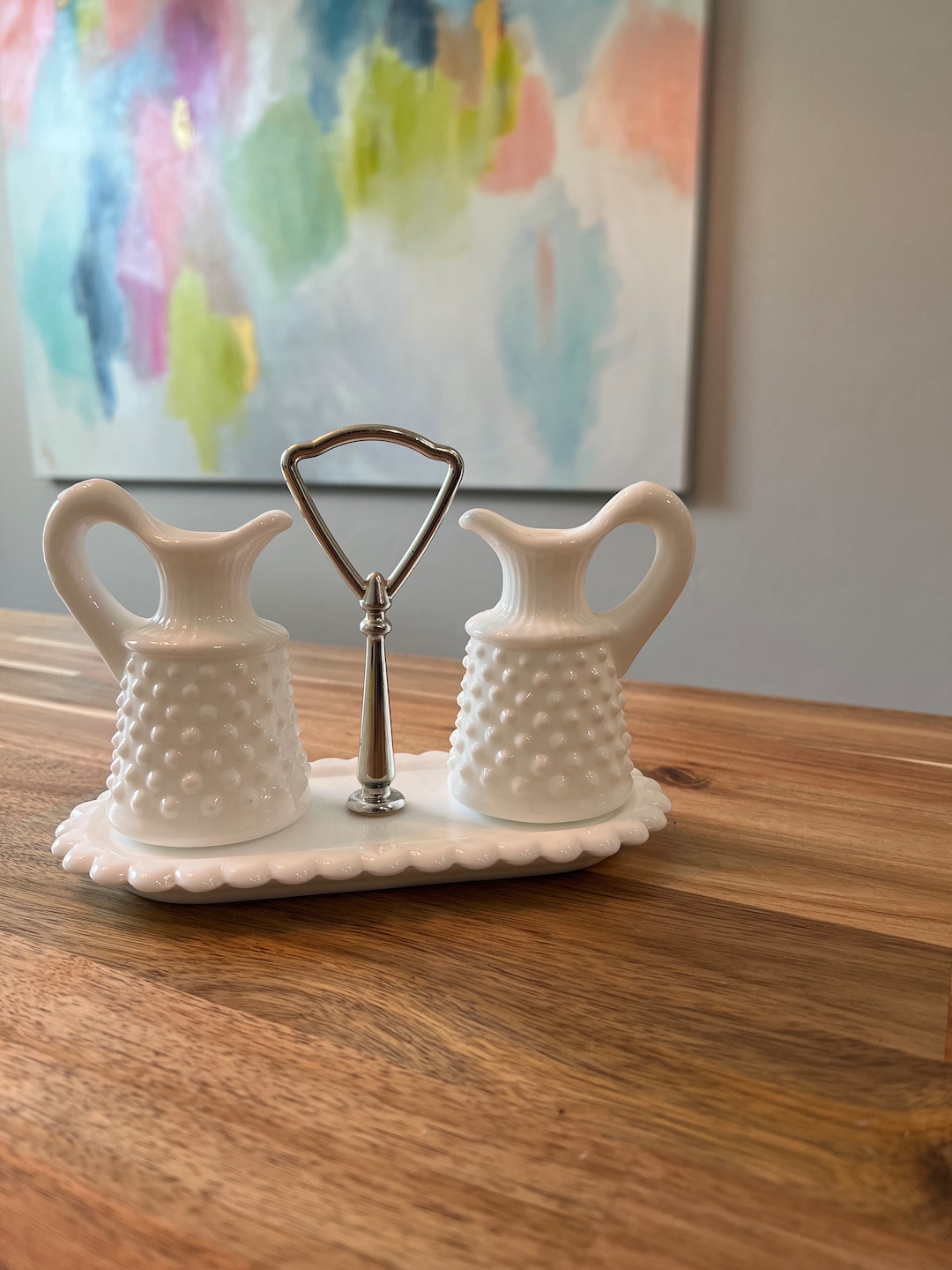 Fenton White Hobnail Glass Cruet Set With Handled Tray | White Hobnail ...