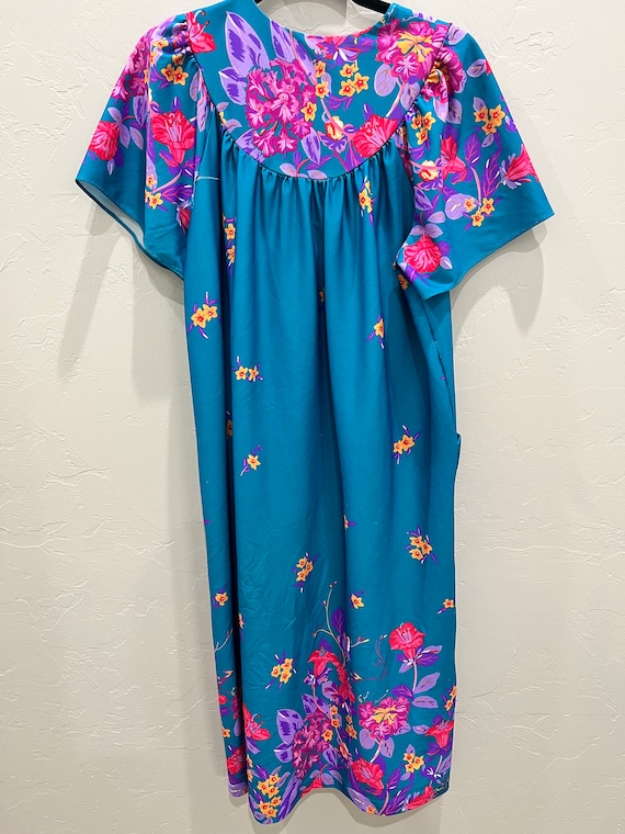 Vintage Muumuu Nightgown Granny Blue Floral Hippie Lo… - Gem