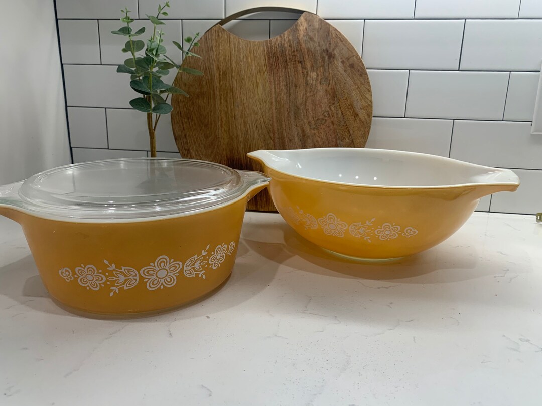 Vintage Pyrex Butterfly Gold Set Pyrex Casserole and Mixing Bowl - Etsy