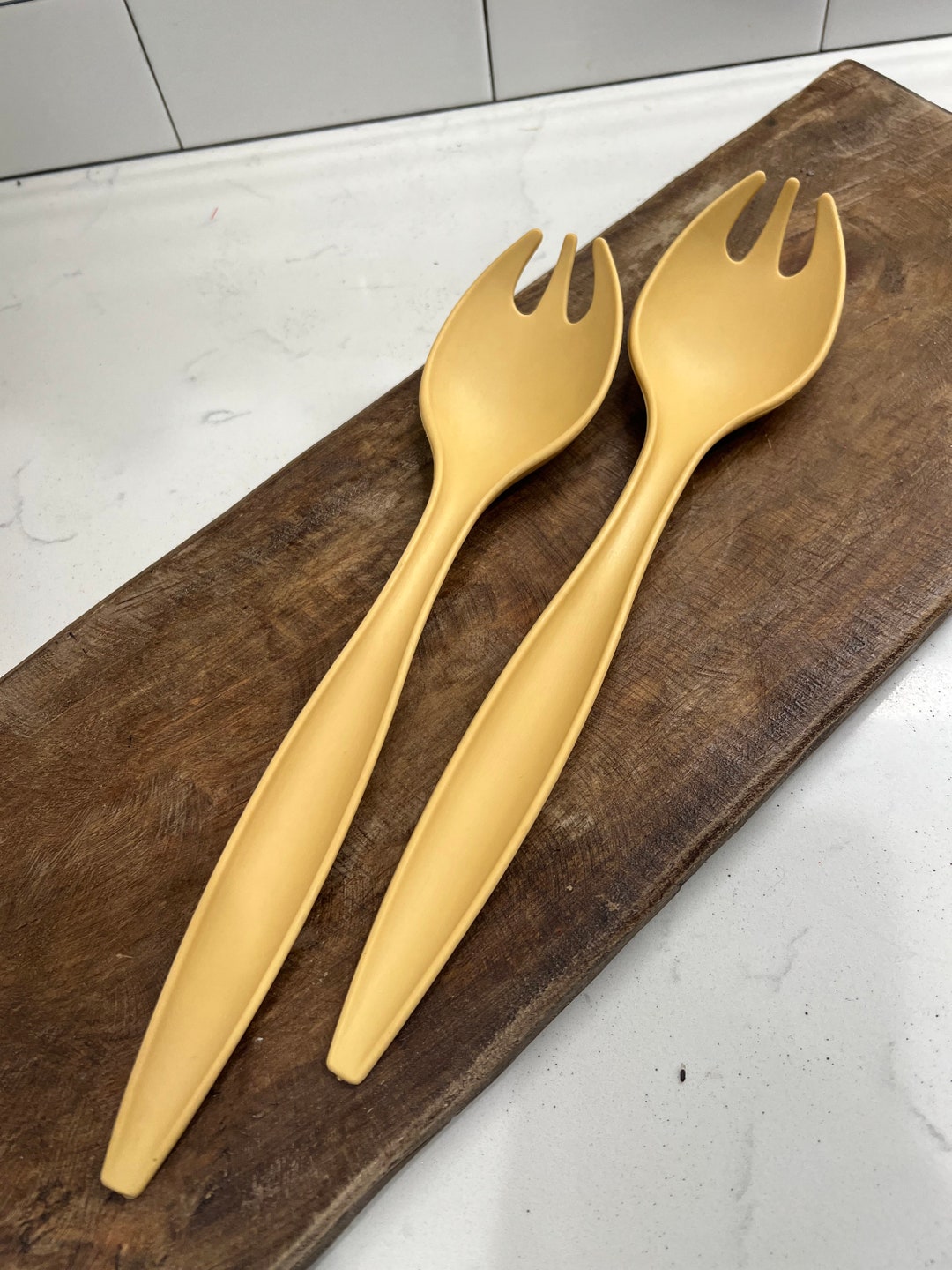 Vintage Yellow Gold Tupperware Salad Serving Utensils Fork Spoon Spork ...