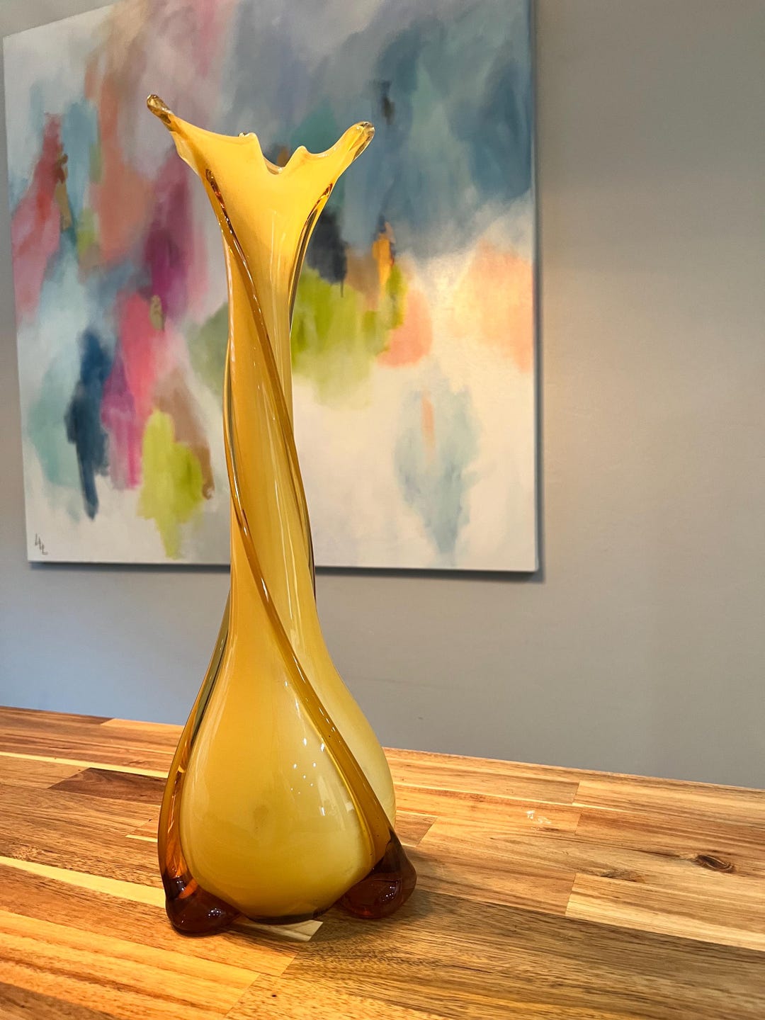 Swung Vase Mid Century Modern Murano Yellow 19 Twisted Tall Swirl Glass ...