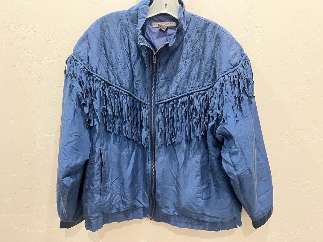 Robert Stock Women's Vintage Blue 100% Silk Fringe Jacket Size Medium ...