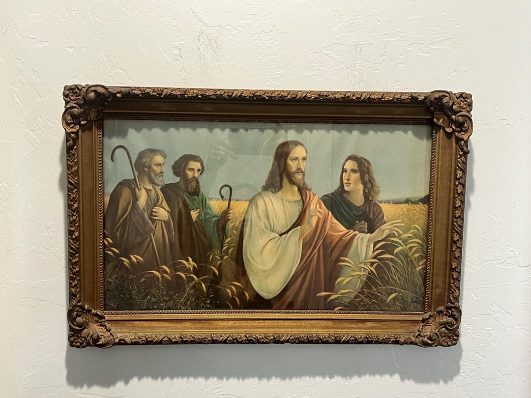 Vintage Jesus Mary Disciples in Wheat Field Carved Ornate Wood Floral ...