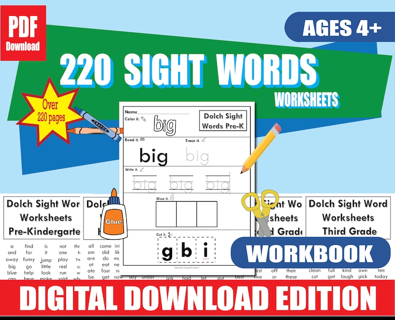 220 Sight Words Must Know Worksheets, Printable, 220 Pages - Etsy Canada
