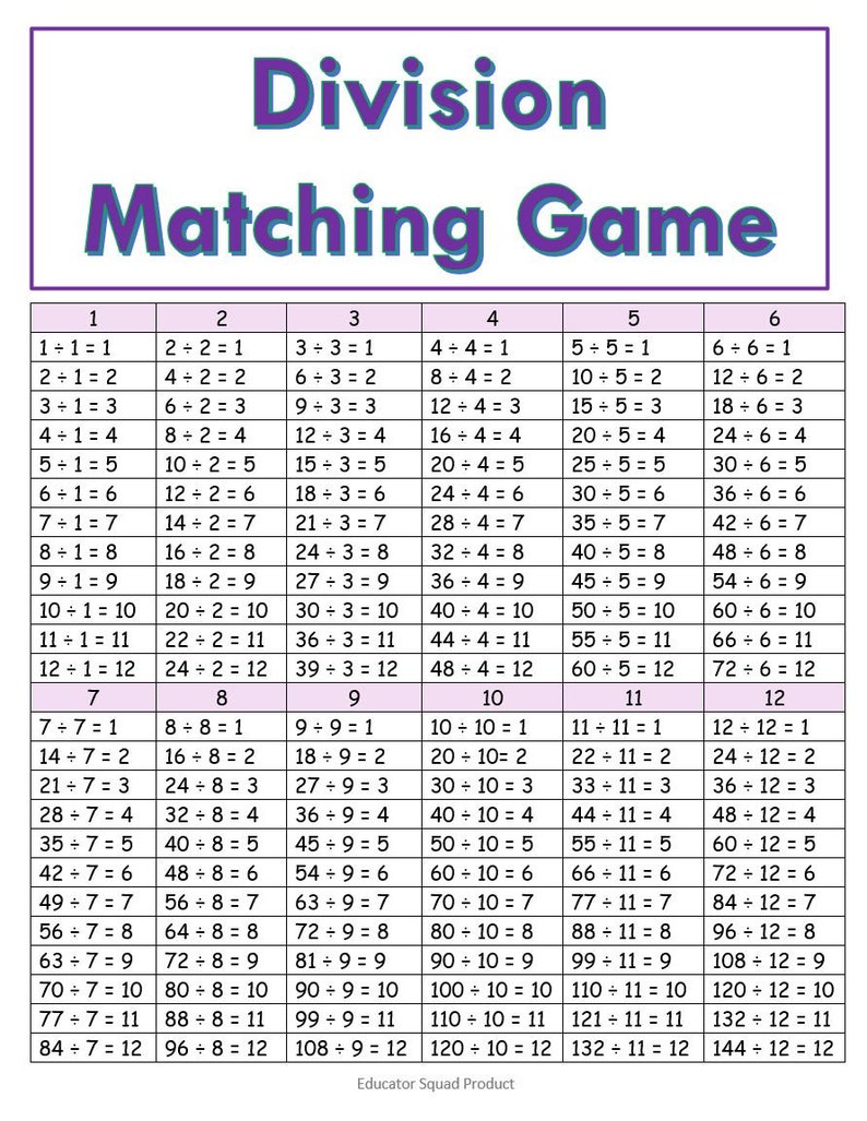 Matching Game Printable | Division Flashcards | Memorize Fast - Etsy