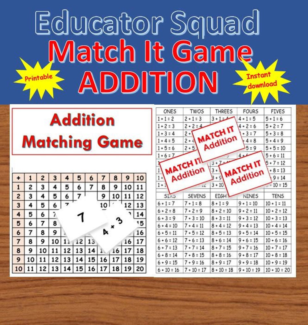 Matching Game Printable, 100 Addition Flashcards, Memorize Calculations ...