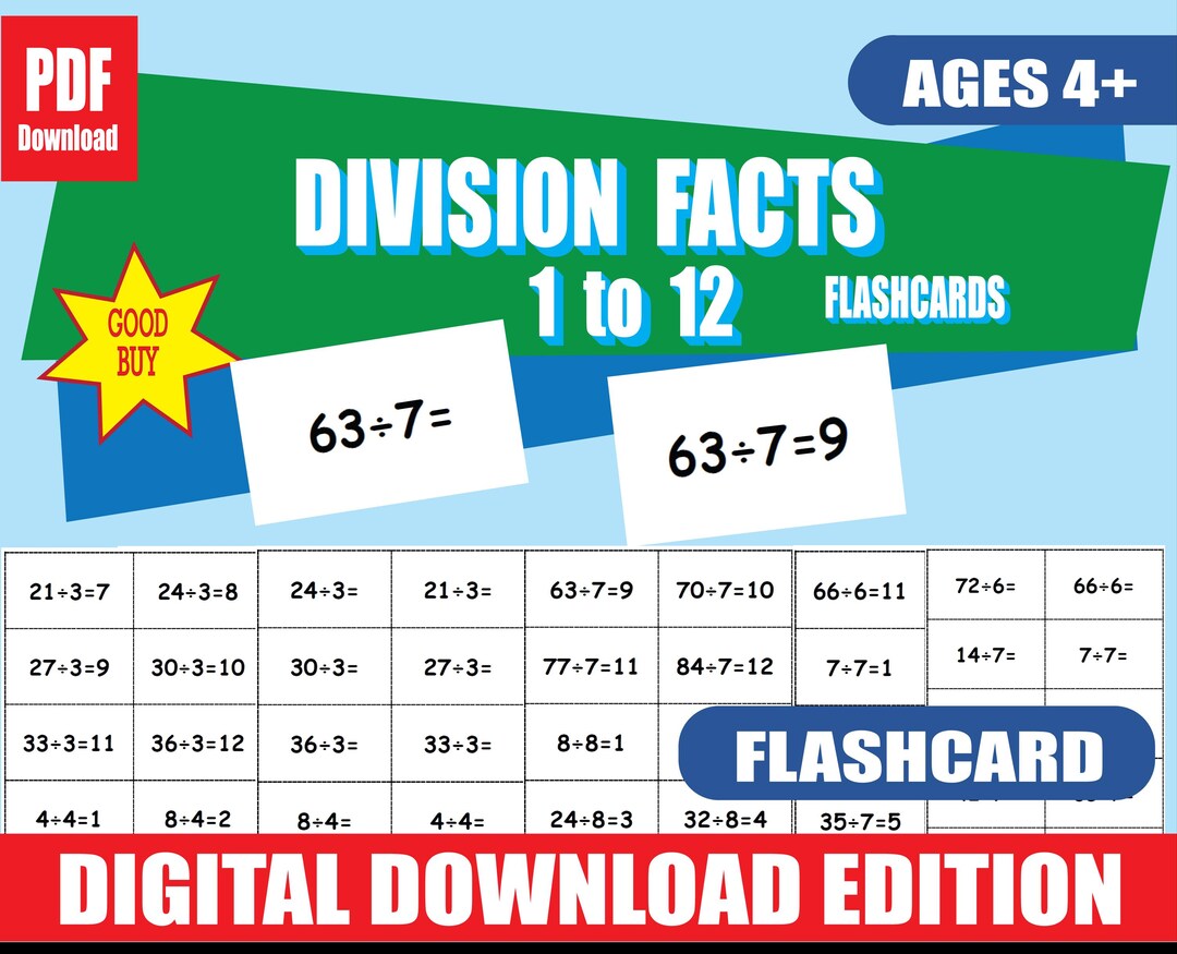 Printable Division Flashcards 1–12 | 144 Math Facts + Chart | Double ...
