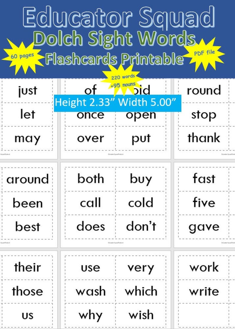 300+ Dolch Sight Words + 95 Nouns Flashcards | Printable PDF | K–3 High ...