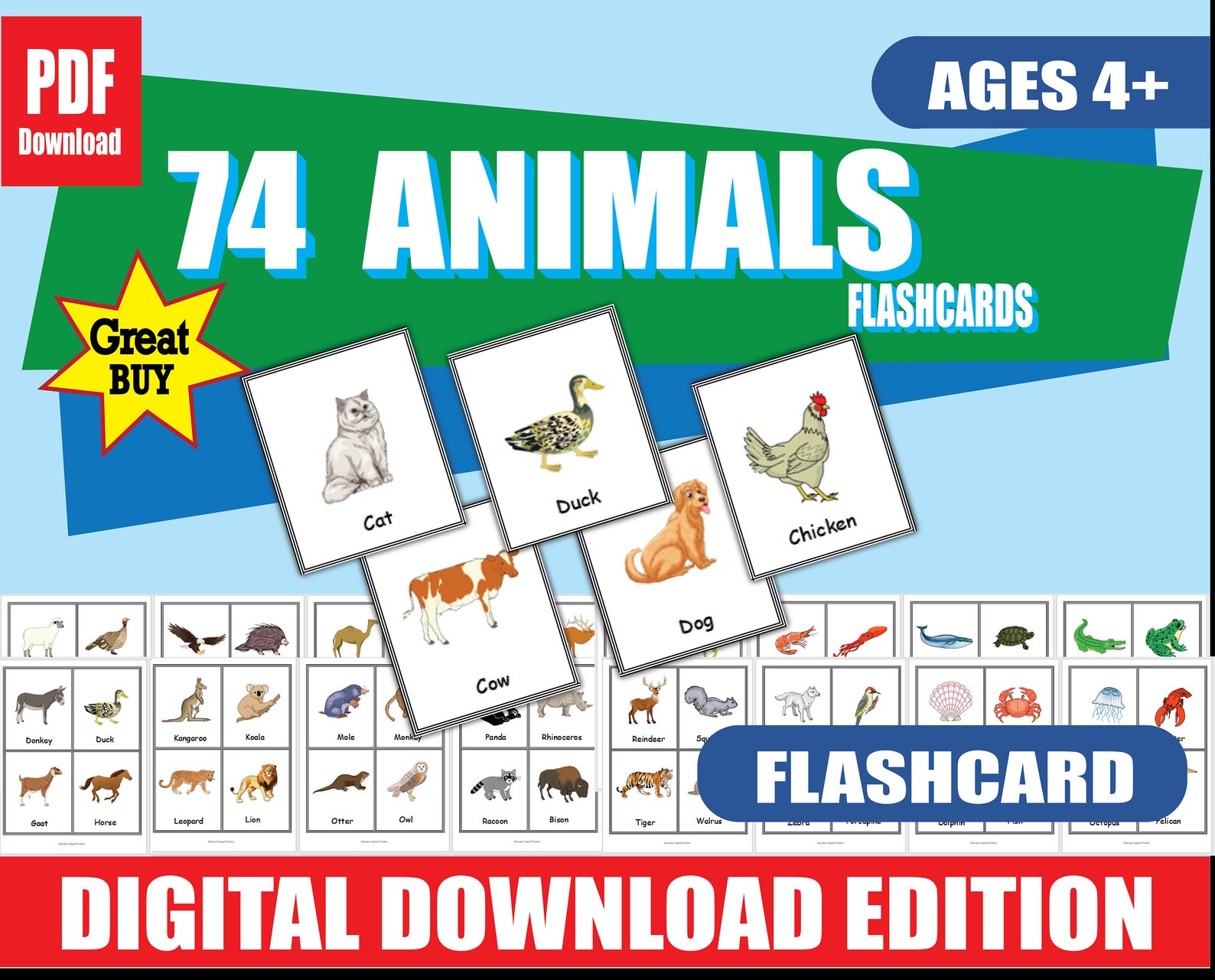 Animal Preschool Flashcards | 74 Colorful Animals | Printable Learning ...