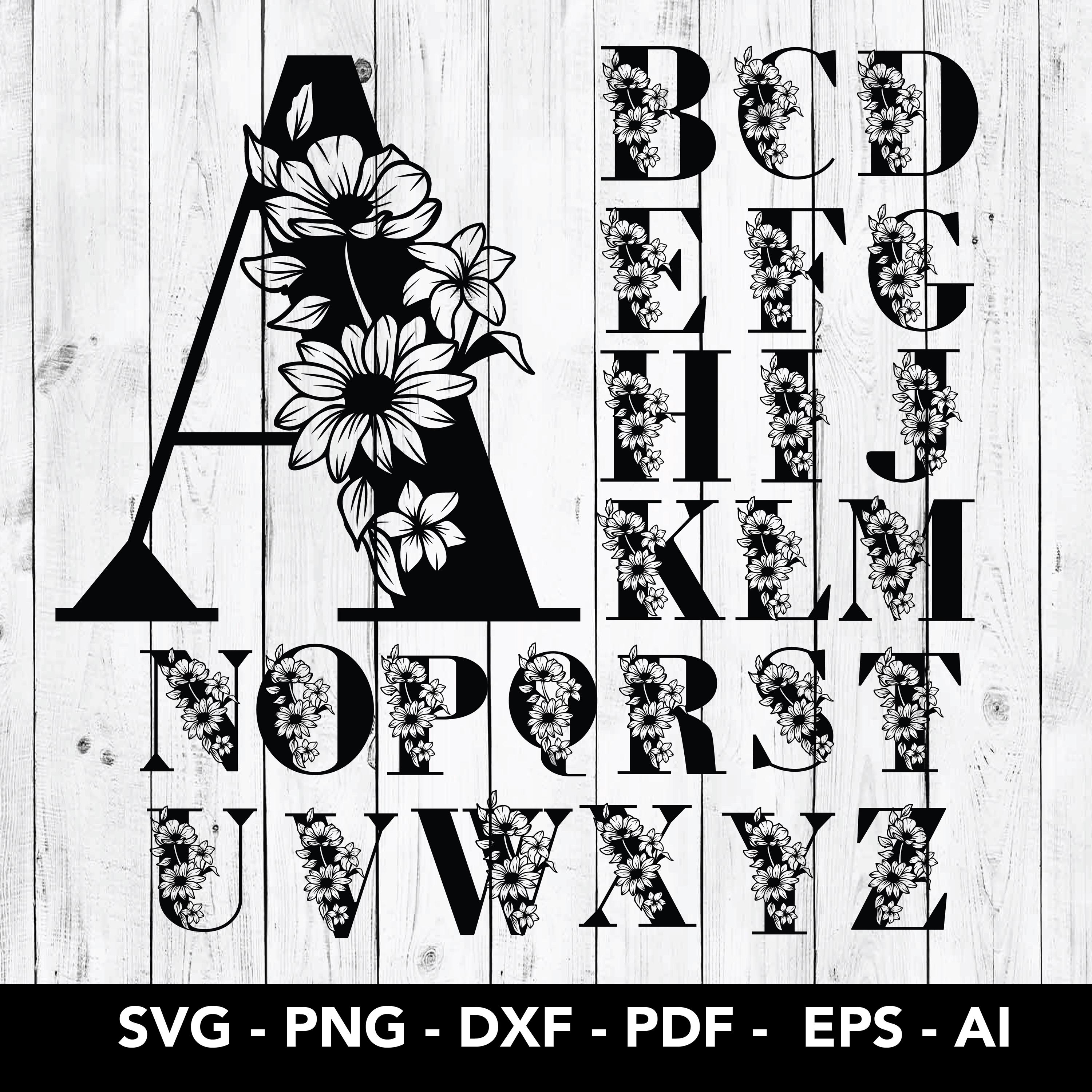Daisy Alphabet. Full Floral Letters Svg Png, Eps, Ai, Pdf and Dxf ...