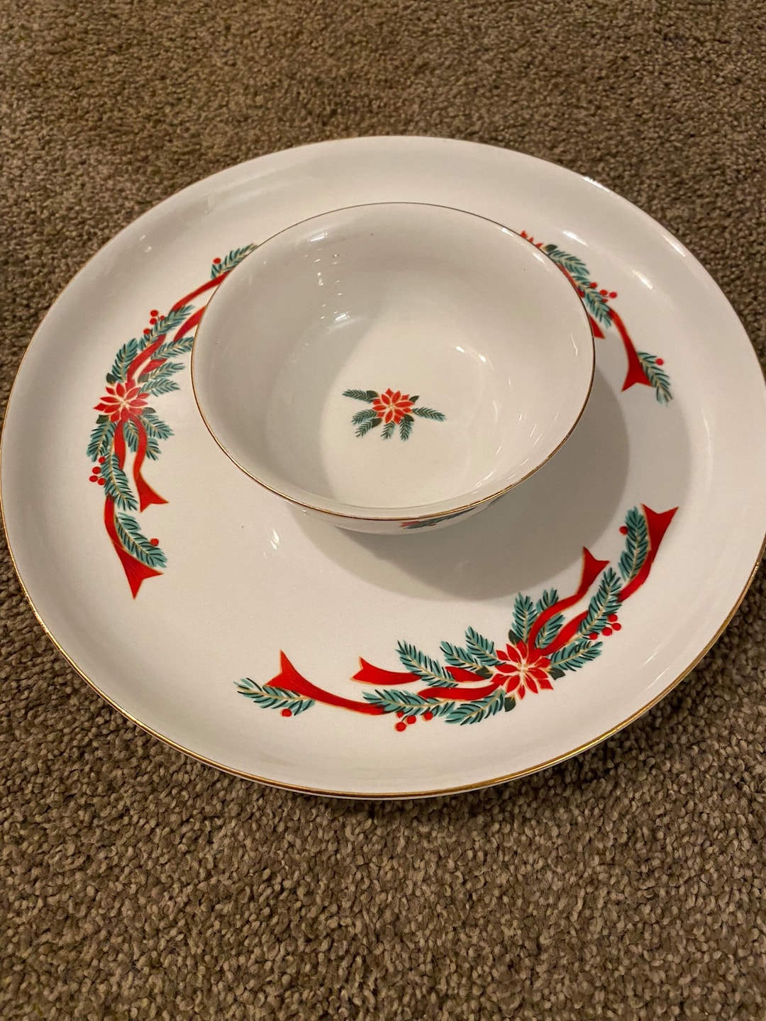 Tienshan Fine China Poinsettia and Ribbons Chip and Dip Set - Etsy