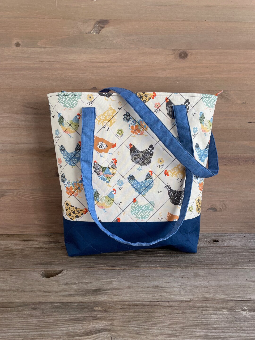 Handcrafted Quilted Fabric Tote Bag, Chickens, Blue, Multi-color - Etsy