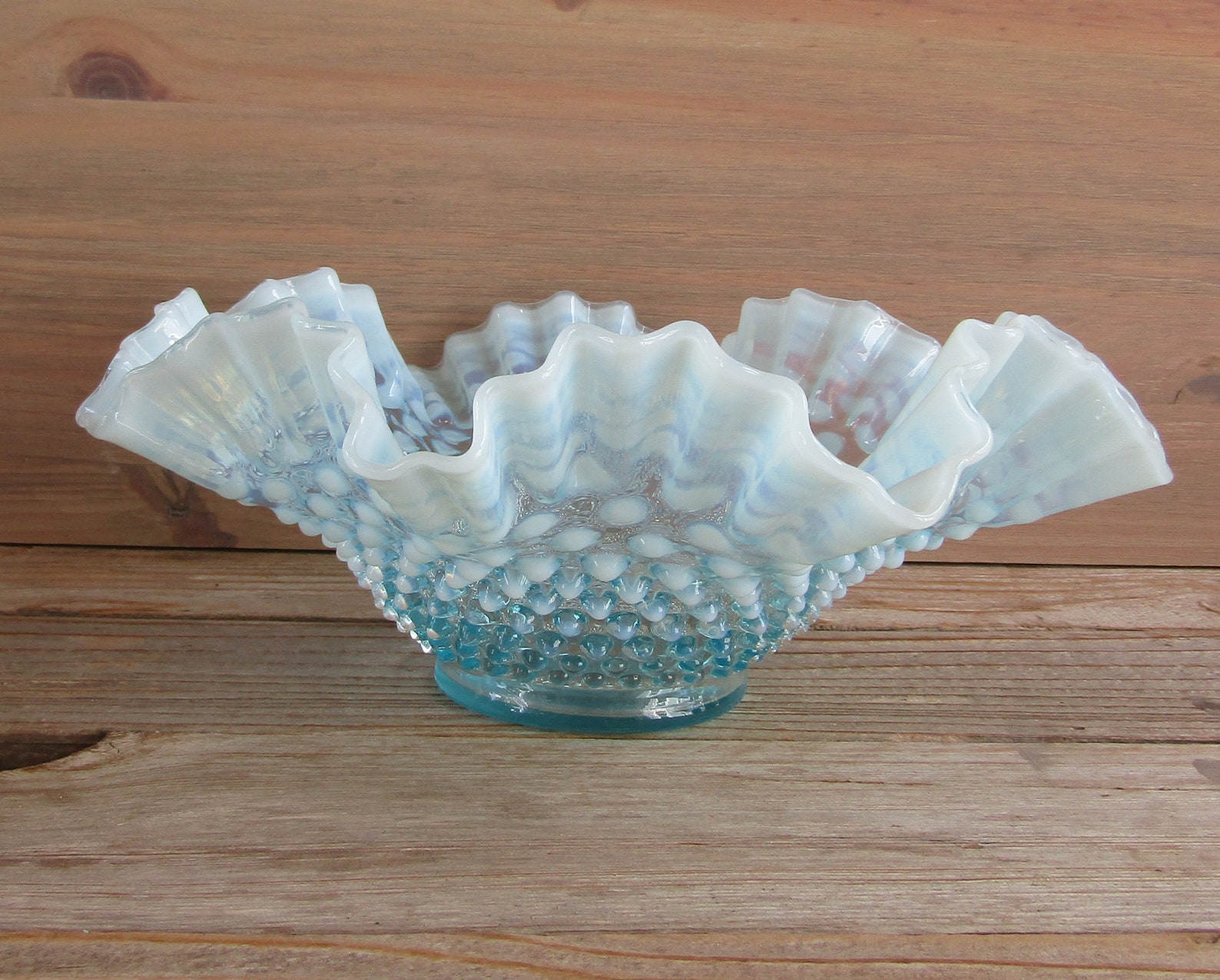 Fenton Glass Blue Opalescent Hobnail Double Crimped Large Bowl - Etsy