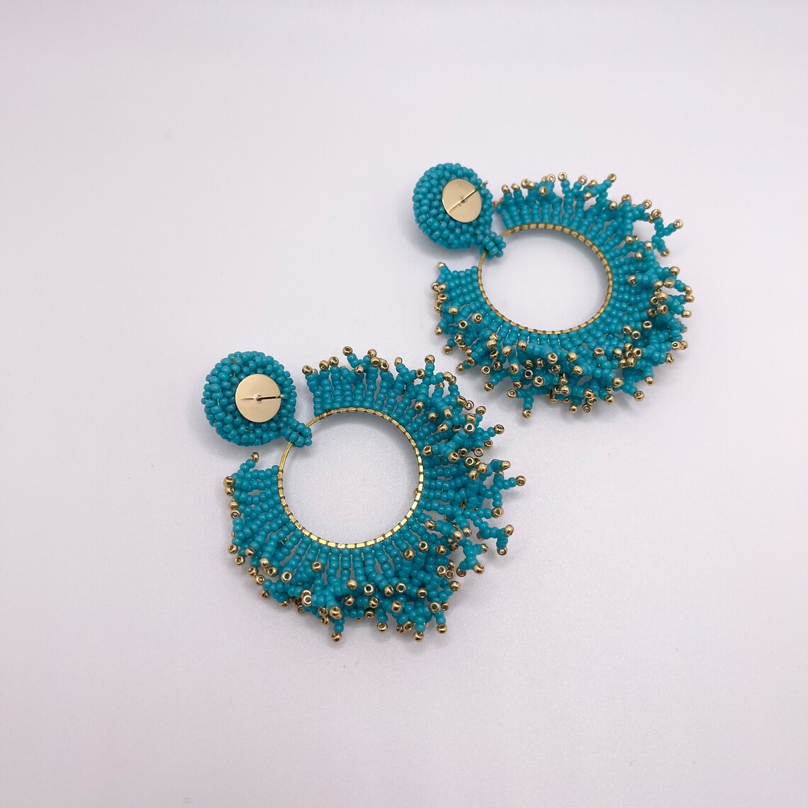 Turquoise Blue Round Fringe Beaded Push Back Earrings Vintage Hoop ...