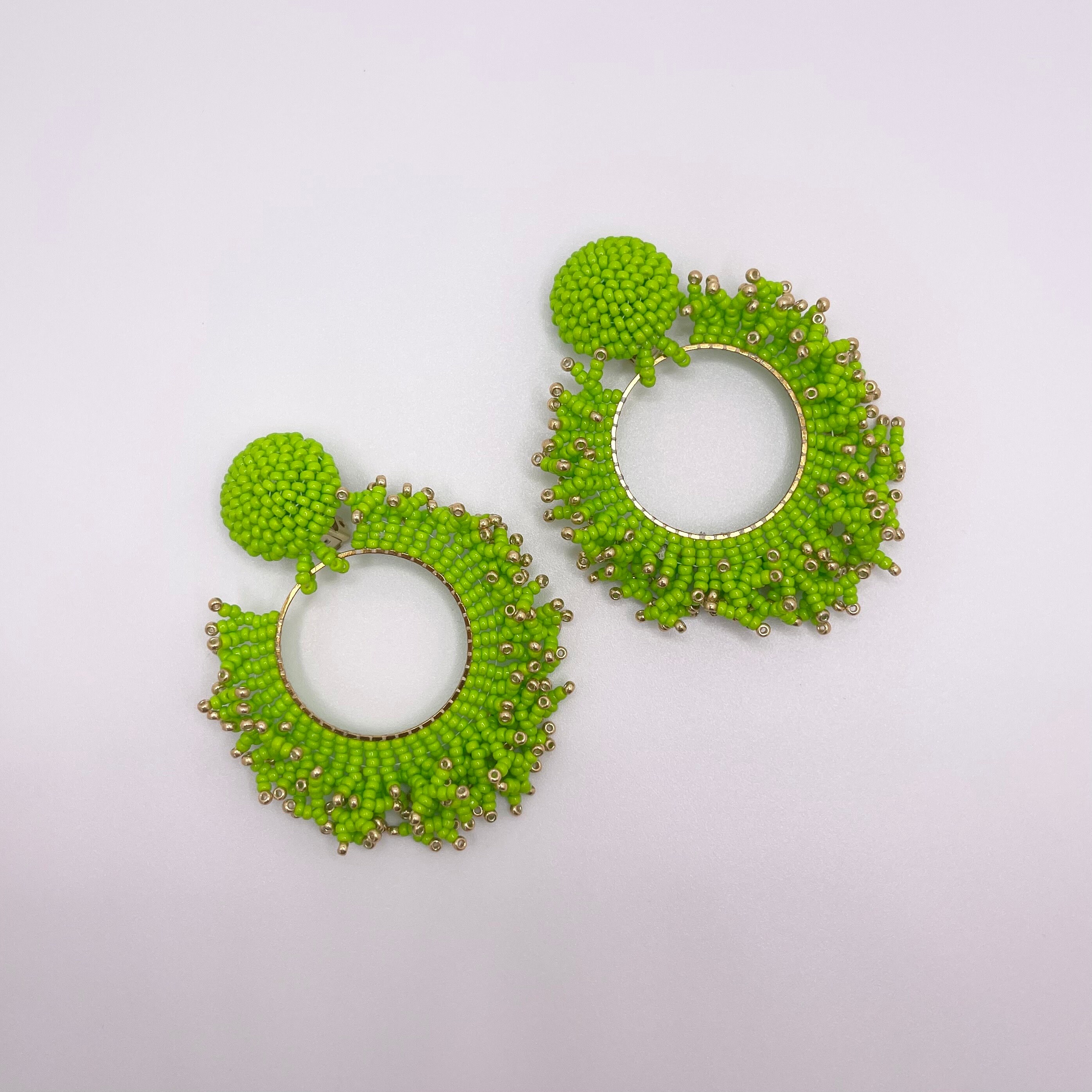Lime Green Round Fringe Beaded Clip on Earrings Tropical Hoop Dangle ...