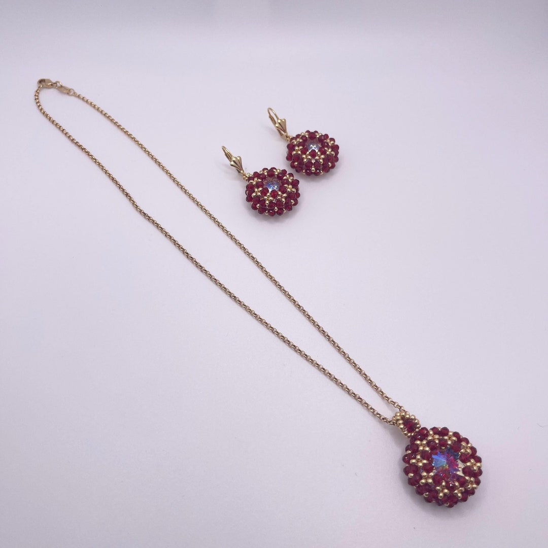 Red Burgundy Beaded Necklace Set With Drop Round Earrings for Birthday ...