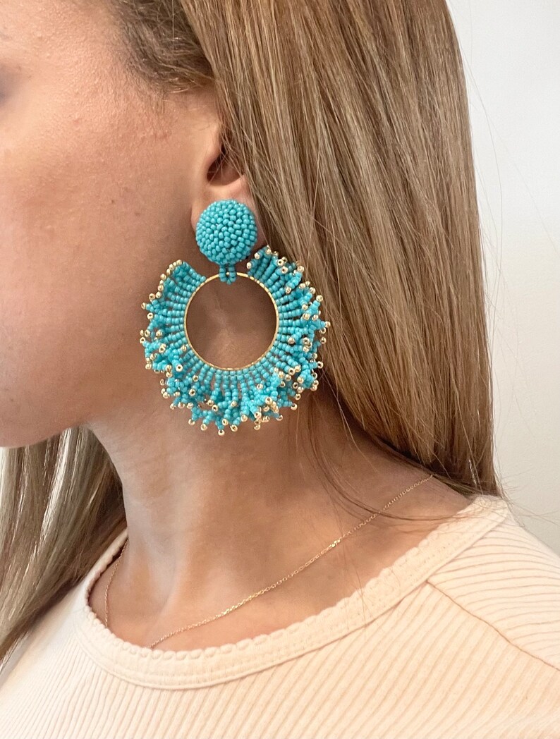 Turquoise Blue Round Fringe Beaded Push Back Earrings Vintage Hoop ...