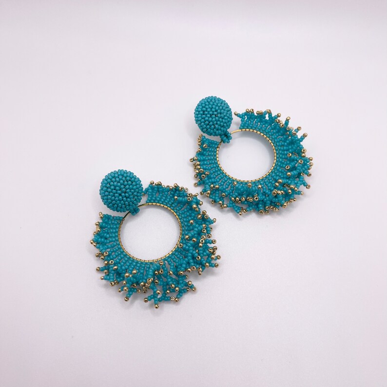 Turquoise Blue Round Fringe Beaded Push Back Earrings Vintage Hoop ...