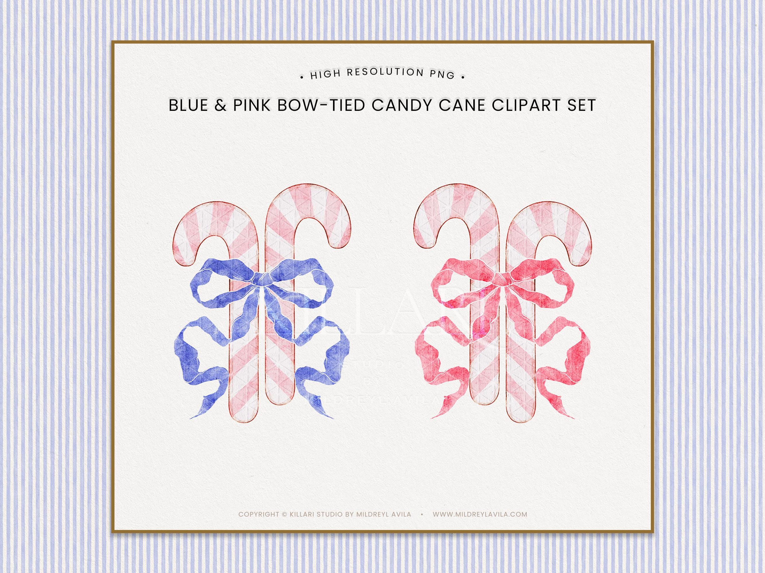 Watercolor Candy Cane Clipart Set Pink & Blue Bow-tied Preppy Christmas ...