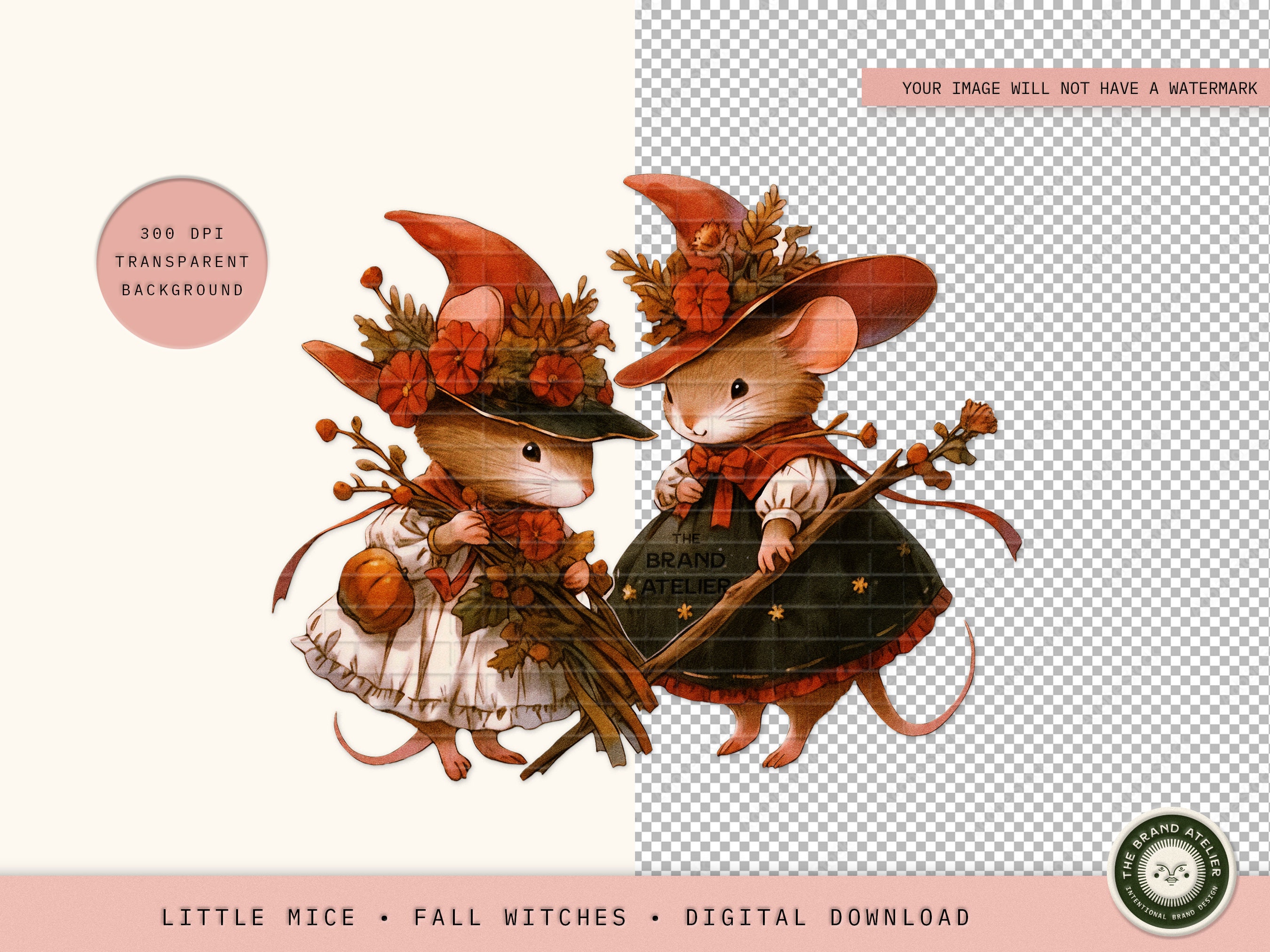 Watercolor Cute Fall Mice Clipart PNG Instant Digital Download Little ...