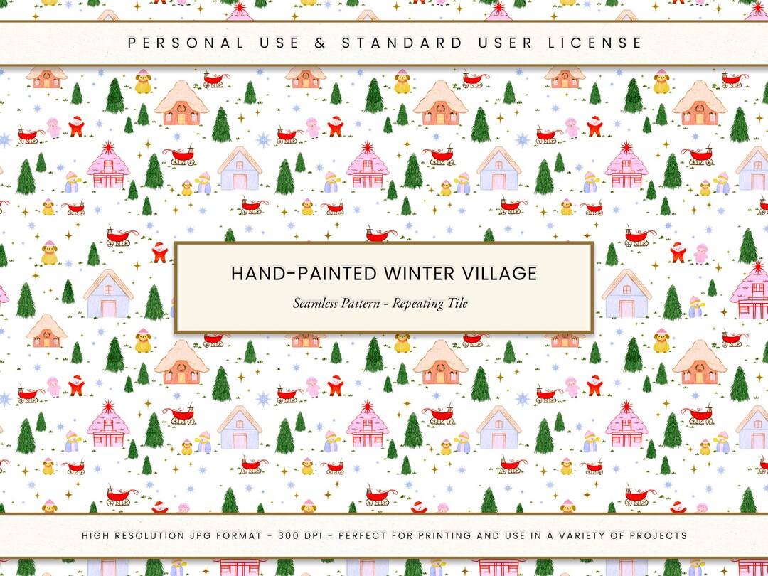 Hand Painted Winter Village Seamless Pattern Christmas Cottage Scene ...