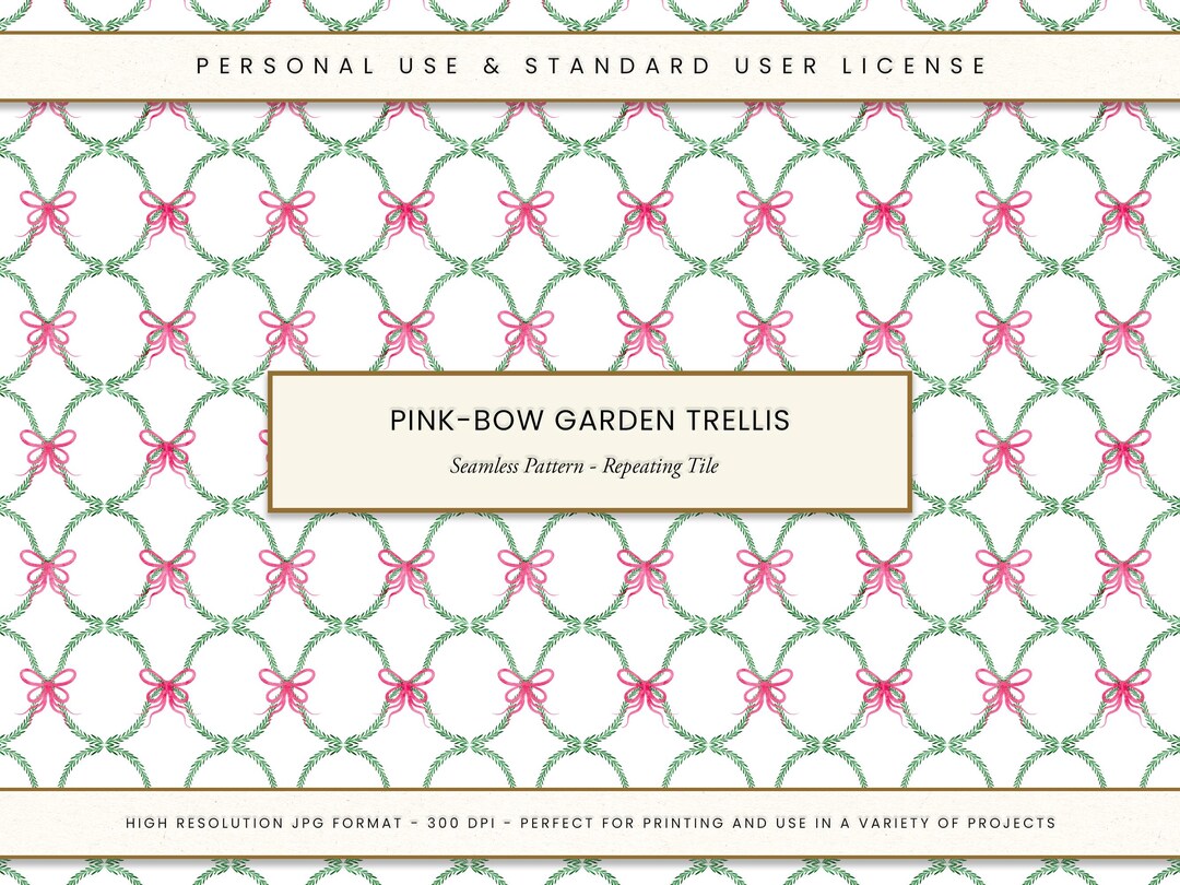Pink Bow Garden Trellis Seamless Pattern: Watercolor Fabric Print (JPG ...