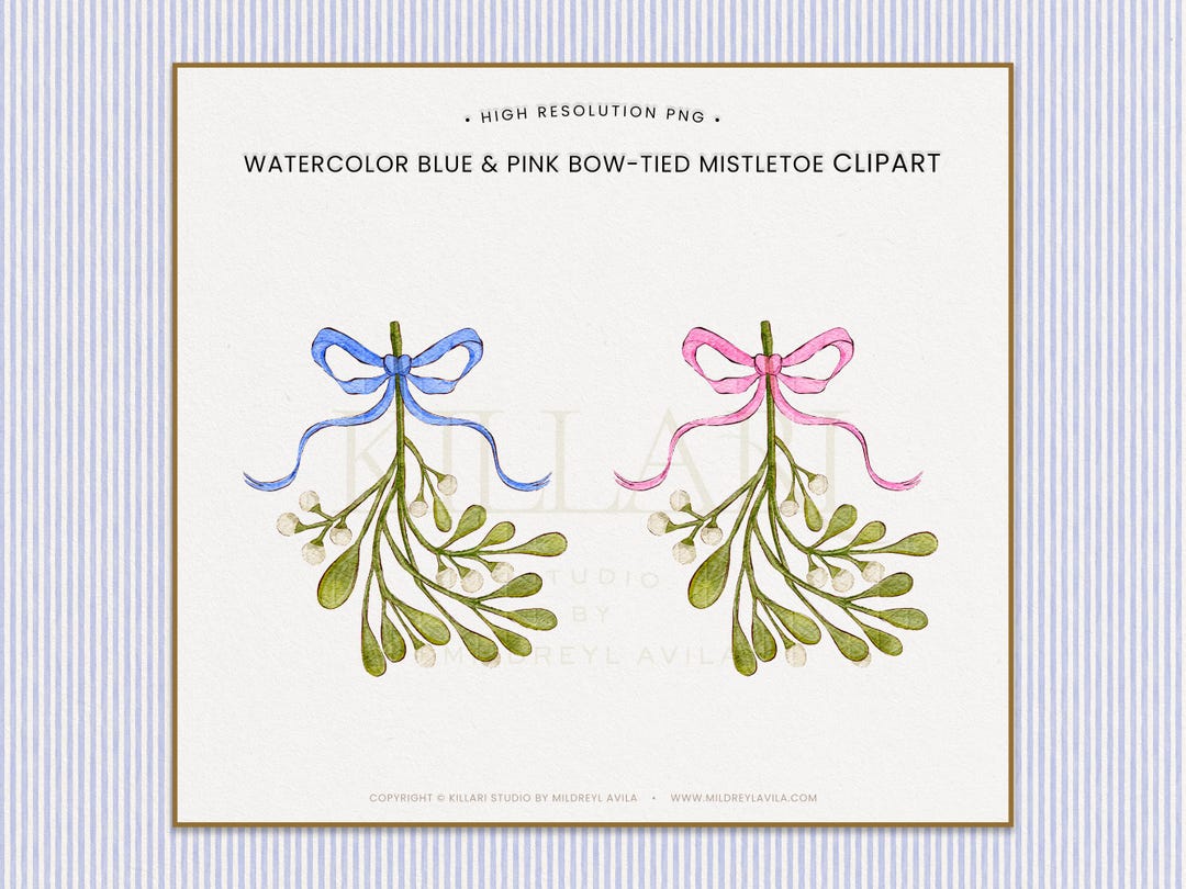 Watercolor Mistletoe Clipart: Blue & Pink Bows (digital Download) - Etsy