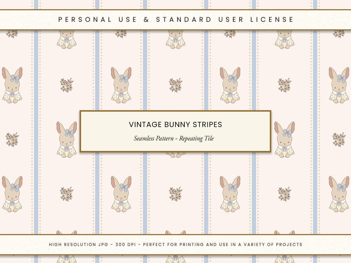 Vintage Bunny Stripes Seamless Pattern: Nursery Fabric, Crafts (JPG ...