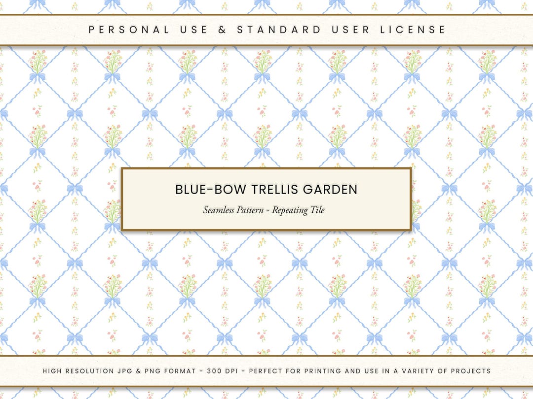 Blue Bow Trellis Garden Seamless Pattern Hand Painted Floral Digital Paper Fabric Wallpaper DIY ...