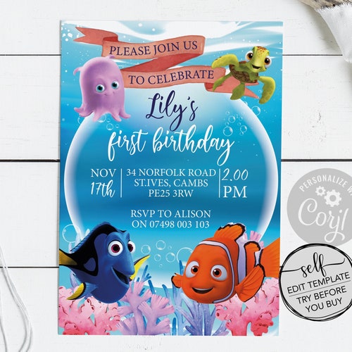 Edit Yourself Finding Nemo Party Invitation Disney Finding | Etsy