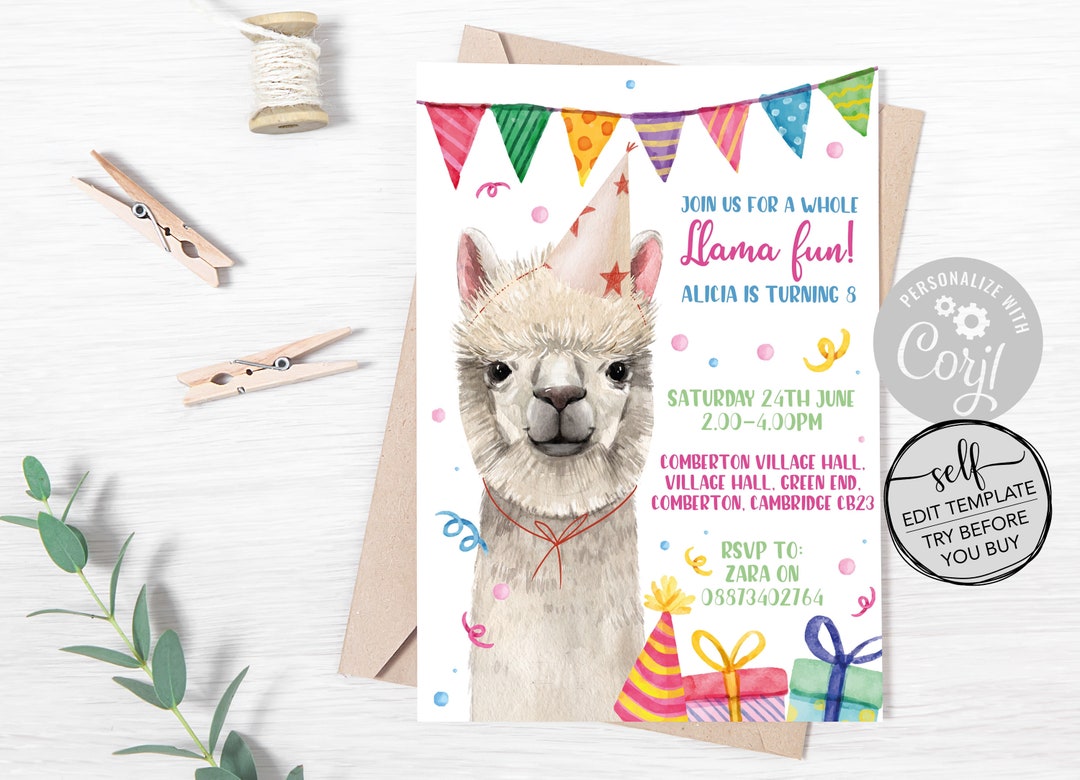 Edit Yourself Llama Party Invitation - Llama Party Invitations - Llama ...