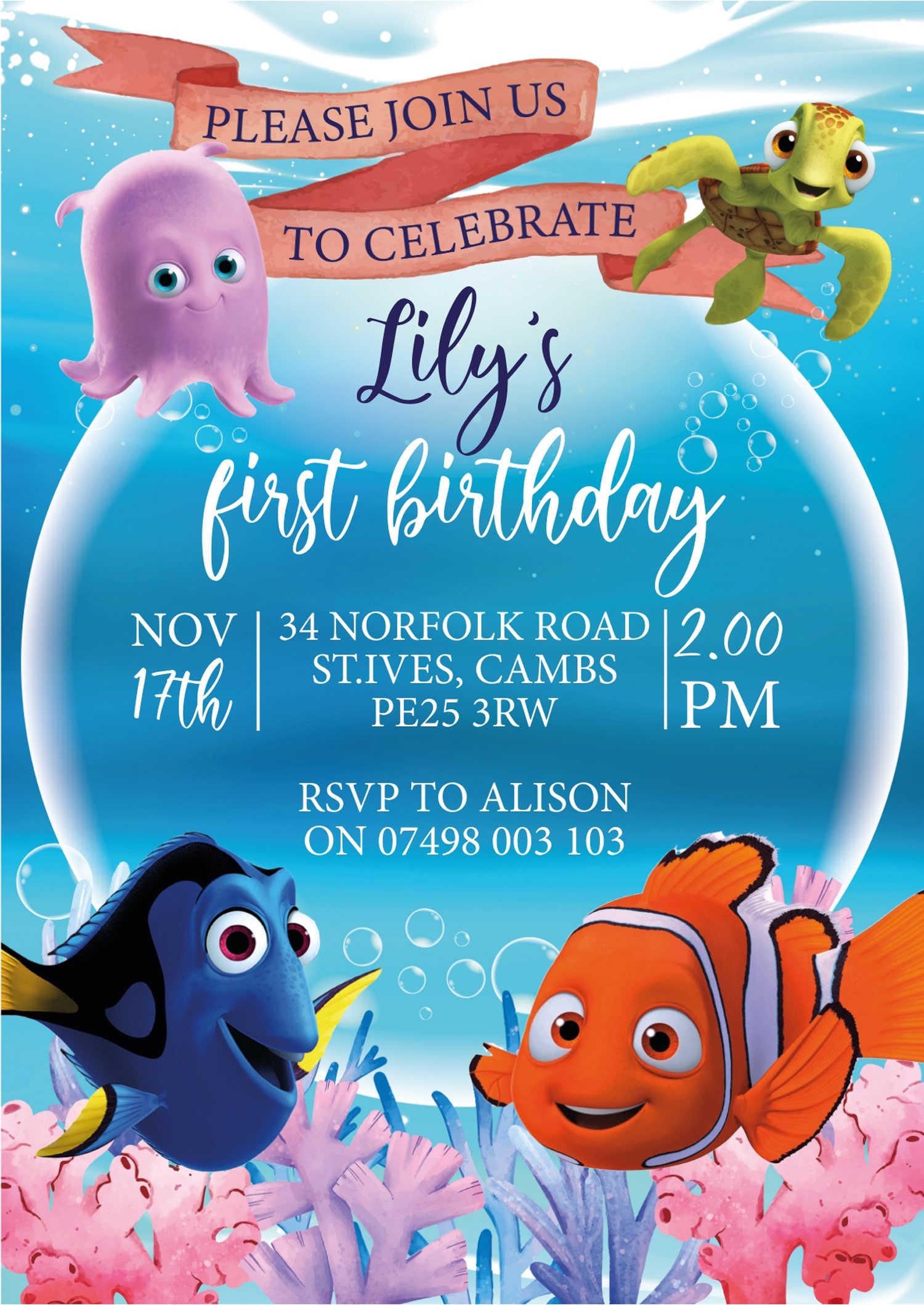 Edit Yourself Finding Nemo Party Invitation Disney Finding - Etsy UK