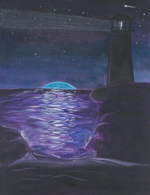 Lighthouse At Night Painting