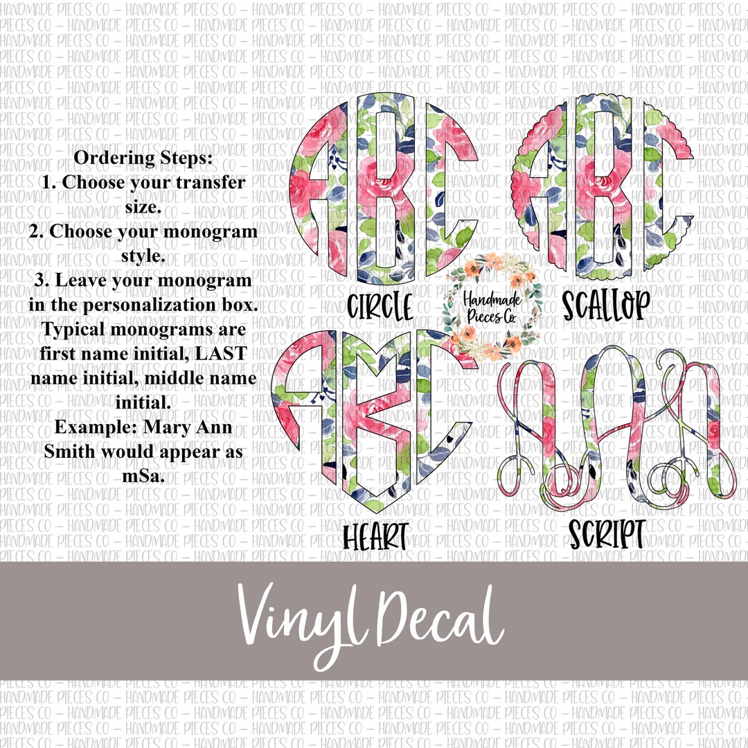 Floral Monogram Decal, Floral Monogram, Vinyl Monogram Decal Sticker ...