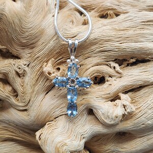 Blue Topaz Sterling Silver Cross Necklace, 18in Sterling Silver Chain ...