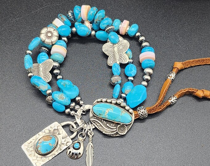 Kingman Turquoise, Pink Conch Shell Button Bracelet, Sterling Silver ...