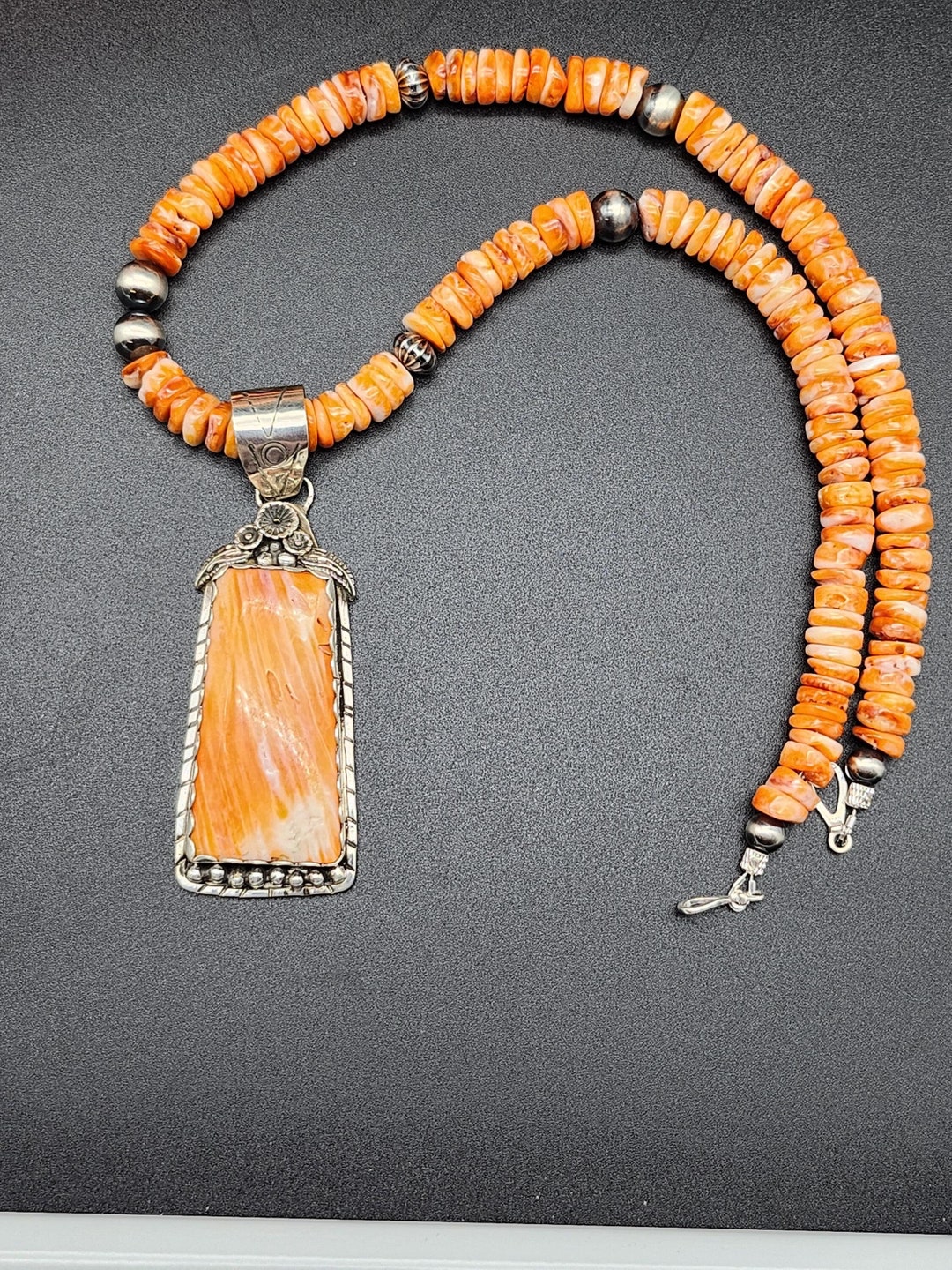Orange Spiny Oyster Pendant Necklace, Sterling Silver Navajo Pearls ...
