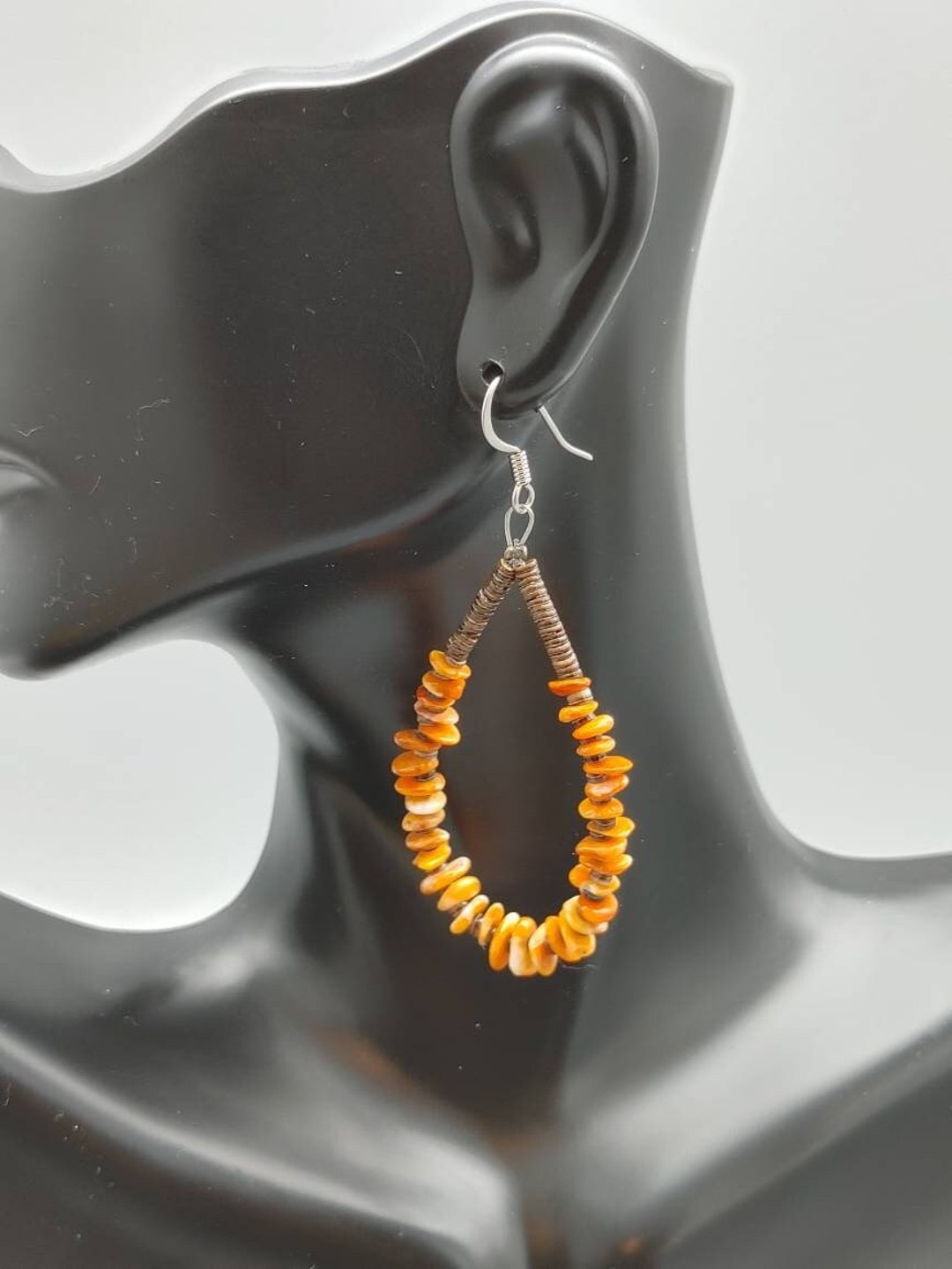 Native American, Orange Spiny Oyster Shell and Sterling Silver Dangle ...