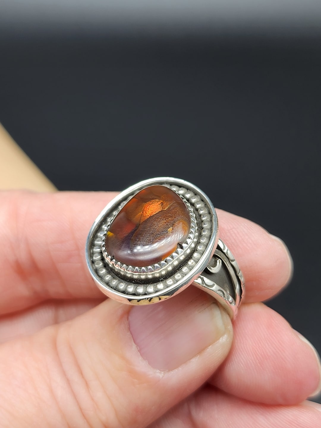 Large Fire Agate and Sterling Silver Ring, Size 9, Handmade, Unisex ...