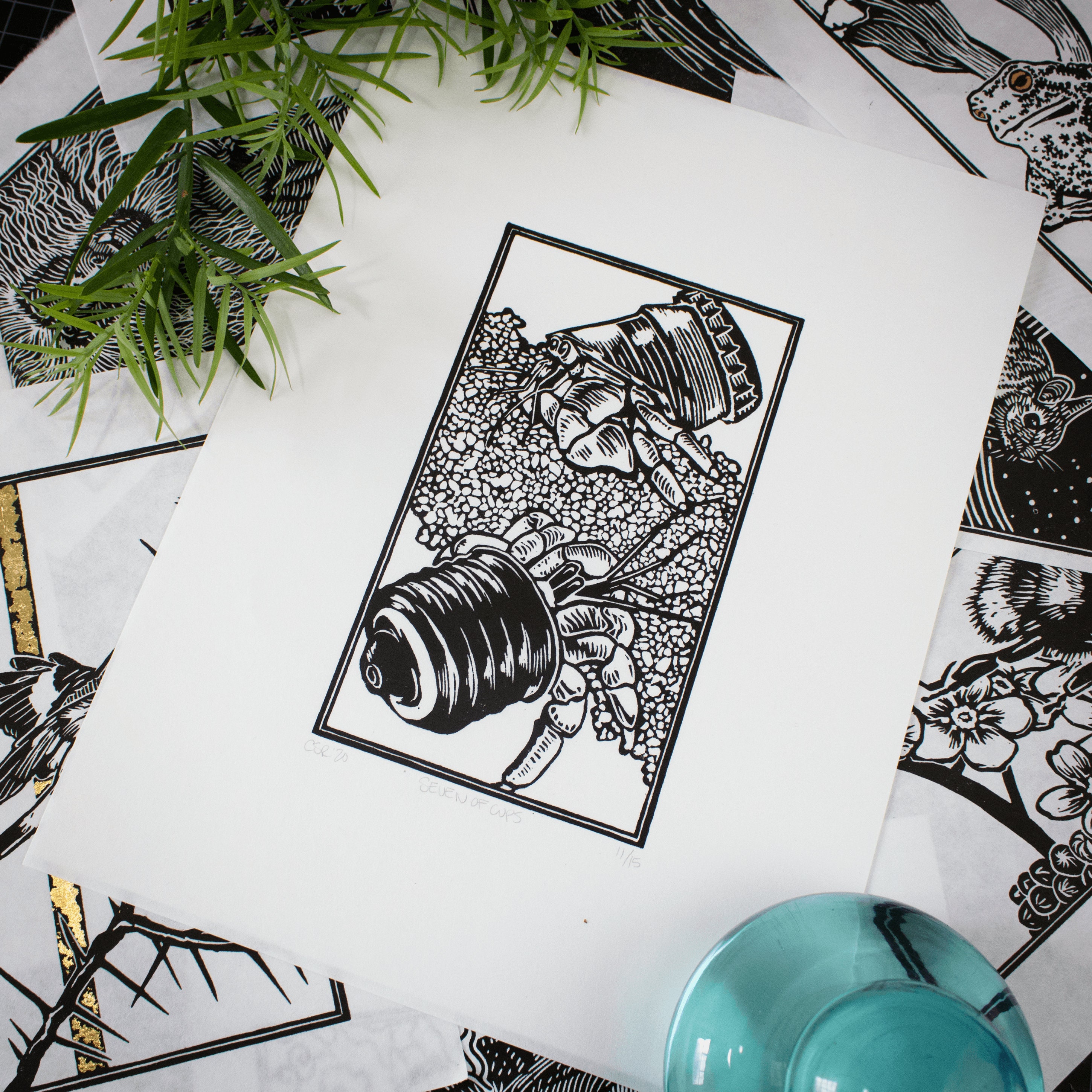 Seven of Cups Linoleum Block Print. Seaside Hermit Crab - Etsy UK