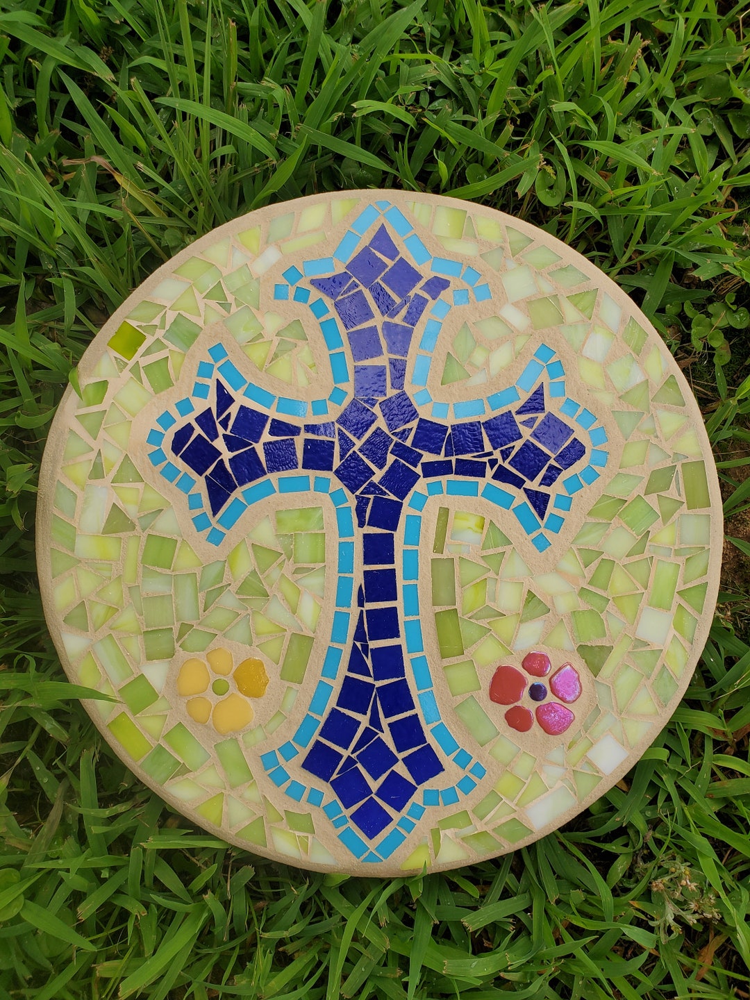 Round Cross Mosaic Garden Stone - Etsy