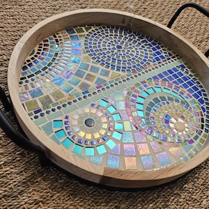 Blue and Green Customizable Round Mosaic Wood Decorative Serving Tray ...
