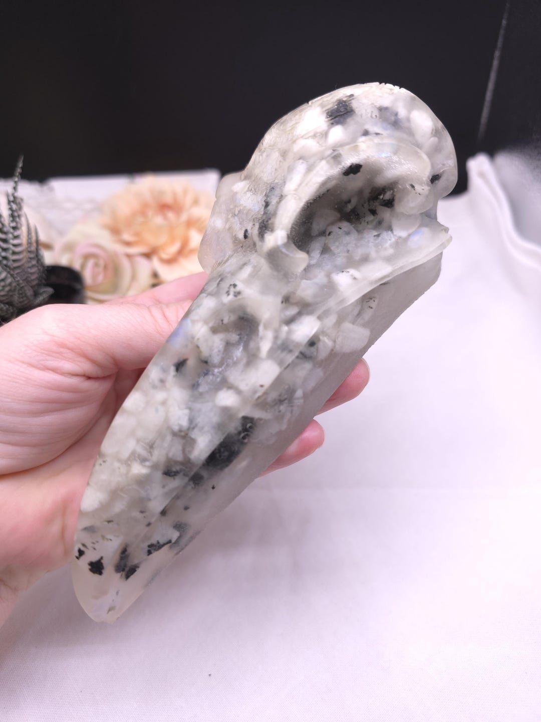 Resin and Rainbow Moonstone Raven Skull With Ebros Pentagram, Omega ...