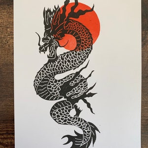 AQUA A5- Original Linocut Print, Dragon Print, Lino Print, A5 Print ...