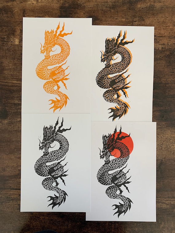 AQUA A5 Original Linocut Print Dragon Print Lino Print A5 | Etsy