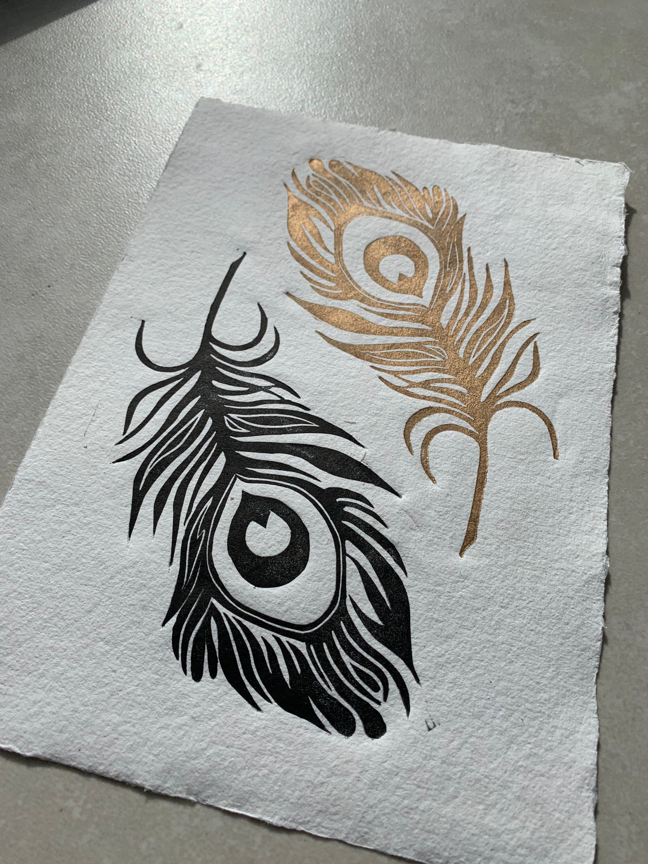 HARMONY A5- Original Linocut Print, Peacock Feather Print, Peacock Art ...