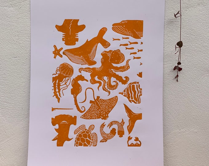 Original Sea Life Scenic Linocut Block Art Print - Etsy Canada