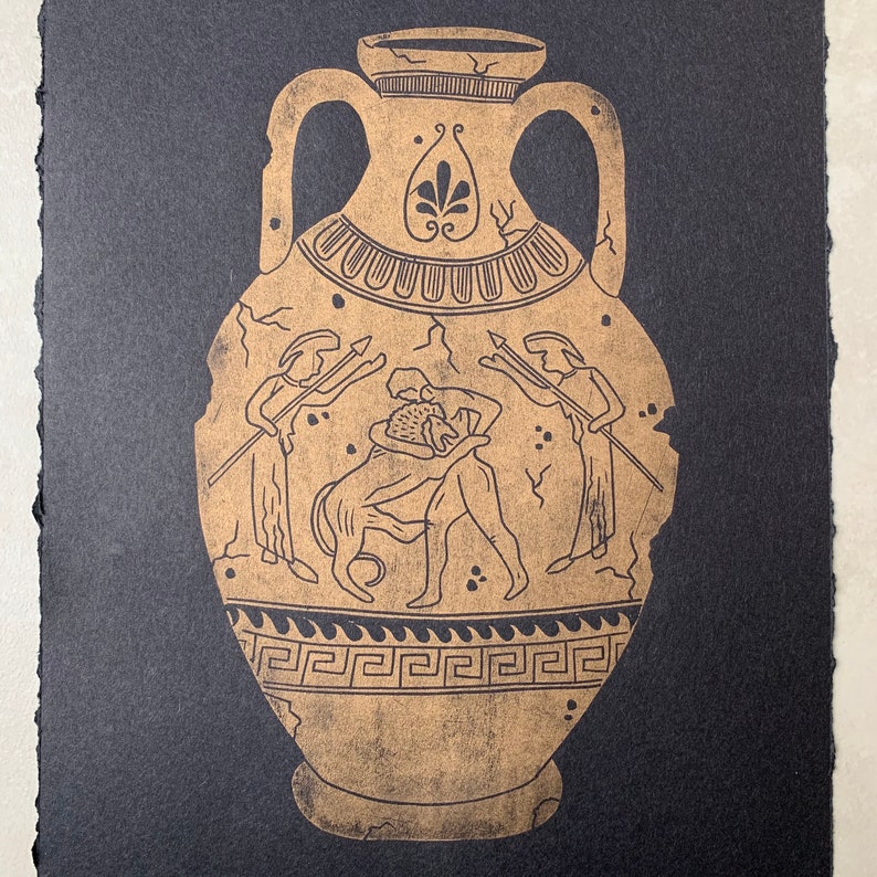 HERCULES A4 - Original Linocut Print, Greek Mythology, Greek Vase ...