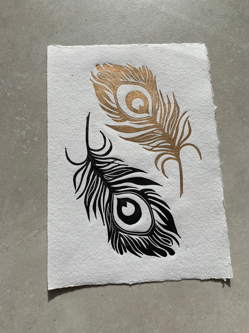 HARMONY A5- Original Linocut Print, Peacock Feather Print, Peacock Art ...